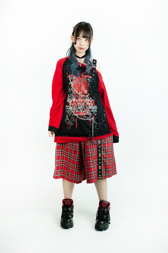 Jillpunk 王道パンク V系 壊れた模型 肋骨プリント ワンショルダー 肩出し レースアップ 鎖チェーン付き ゆったり 長袖Tシャツ カットソー オリジナル パンク メンズ レディーズ ...