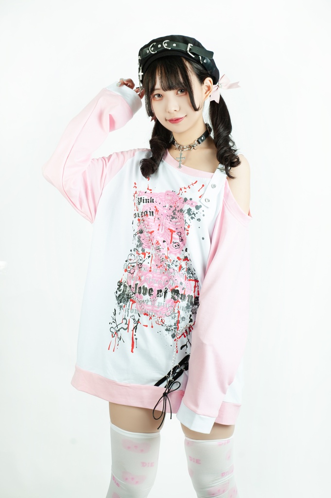 Jillpunk 王道パンク V系 壊れた模型 肋骨プリント ワンショルダー 肩出し レースアップ 鎖チェーン付き ゆったり 長袖Tシャツ カットソー オリジナル パンク メンズ レディーズ ...