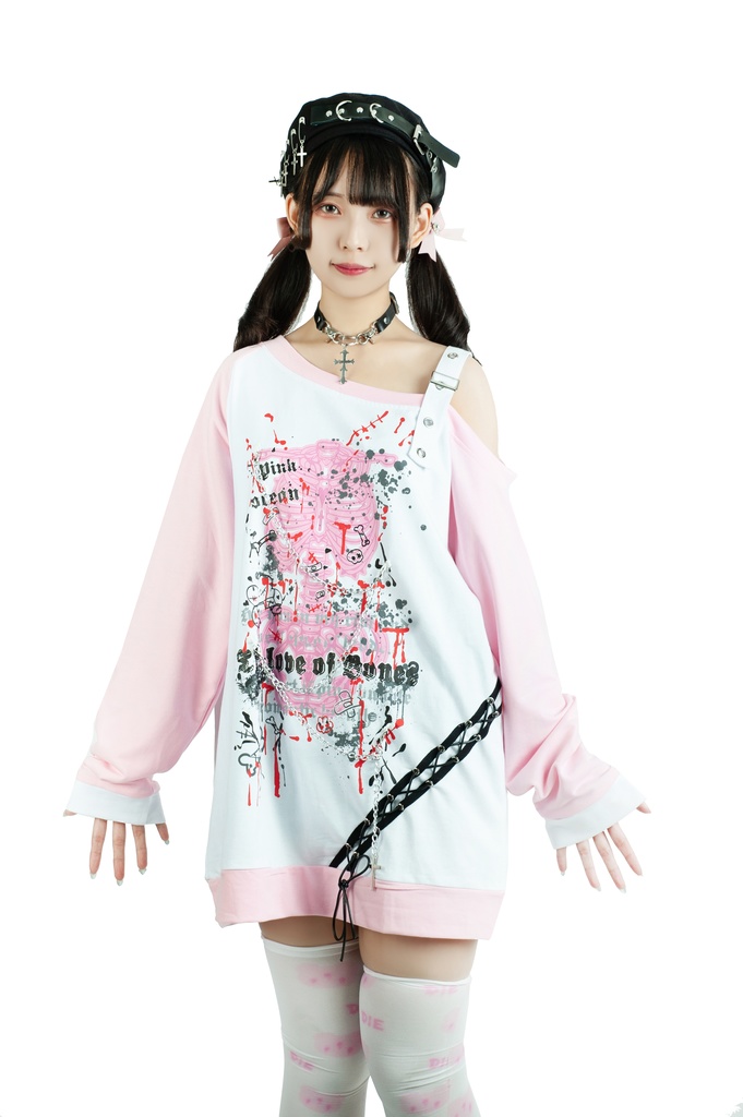 Jillpunk 王道パンク V系 壊れた模型 肋骨プリント ワンショルダー 肩出し レースアップ 鎖チェーン付き ゆったり 長袖Tシャツ カットソー オリジナル パンク メンズ レディーズ ...