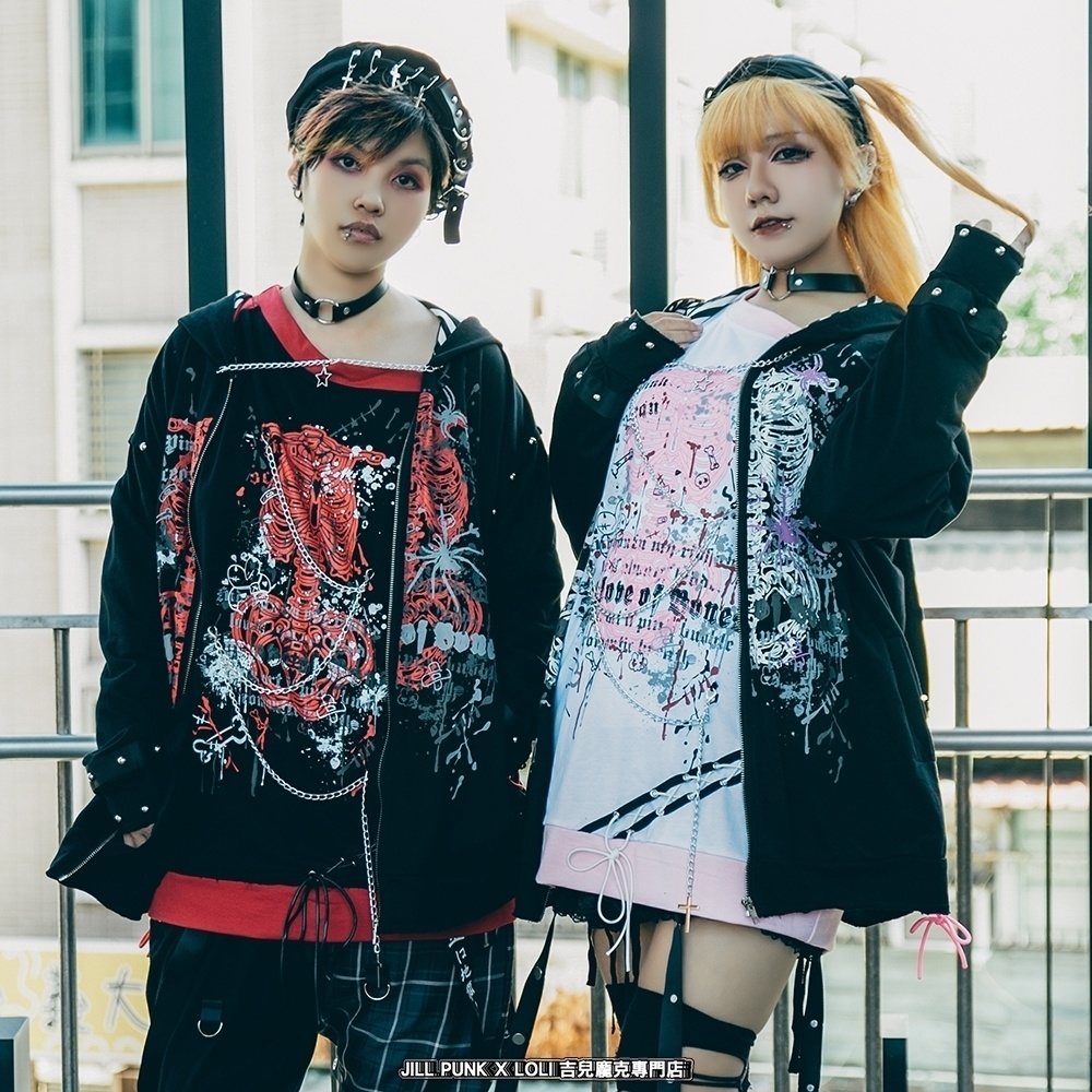 Jillpunk 可愛いパンク V系 壊れた模型 肋骨プリント レースアップ 鎖チェーン付き クラッシュ ダメージ加工 ゆったり 長袖フード付きジャケット 兎耳パーカー オリジナル メンズ ...