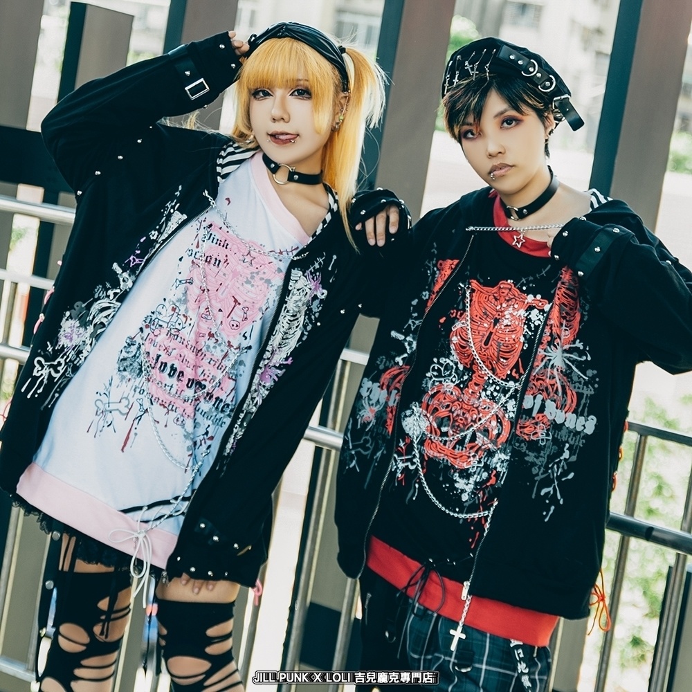 Jillpunk 可愛いパンク V系 壊れた模型 肋骨プリント レースアップ 鎖チェーン付き クラッシュ ダメージ加工 ゆったり 長袖フード付きジャケット 兎耳パーカー オリジナル メンズ ...