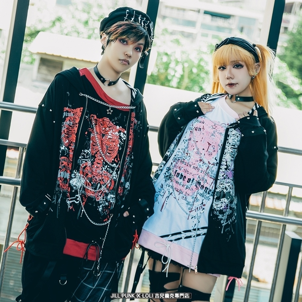 Jillpunk 可愛いパンク V系 壊れた模型 肋骨プリント レースアップ 鎖チェーン付き クラッシュ ダメージ加工 ゆったり 長袖フード付きジャケット 兎耳パーカー オリジナル メンズ ...