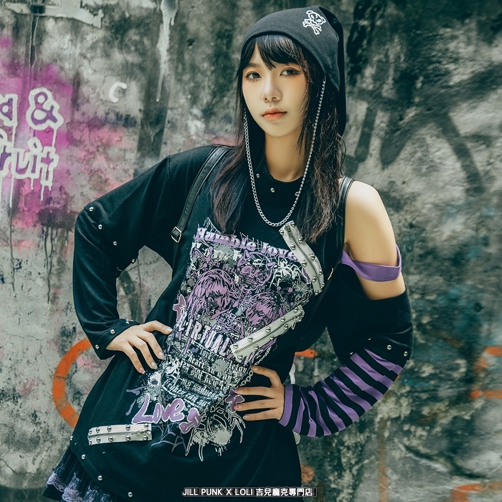 Jillpunkパンクロック ヴィジュアル系 悪魔の罠 ワンショルダー 肩出し スダッズチャック付き ボーダー柄 ゆったり 長袖Tシャツ カットソー オリジナル メンズ レディー V系 ...