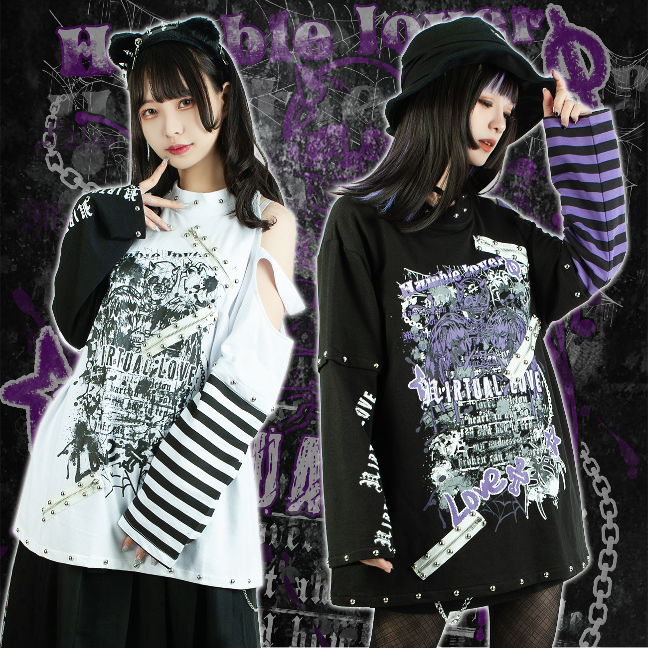 Jillpunkパンクロック ヴィジュアル系 悪魔の罠 ワンショルダー 肩出し スダッズチャック付き ボーダー柄 ゆったり 長袖Tシャツ カットソー オリジナル メンズ レディー V系 ...