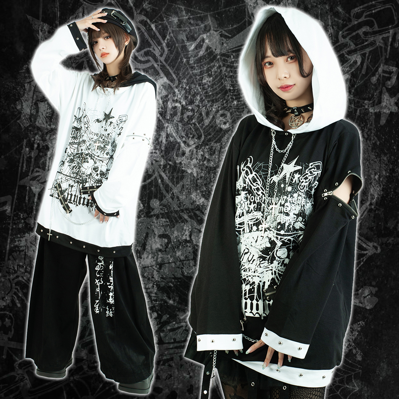 Jillpunk ビジュアル系 パンクロック バンギャ 兄系 失われたランド チャック穴あき スダッズリベット クロスチャーム 鎖チェーン付き ゆったり 長袖パーカー メンズ レディーズ ...