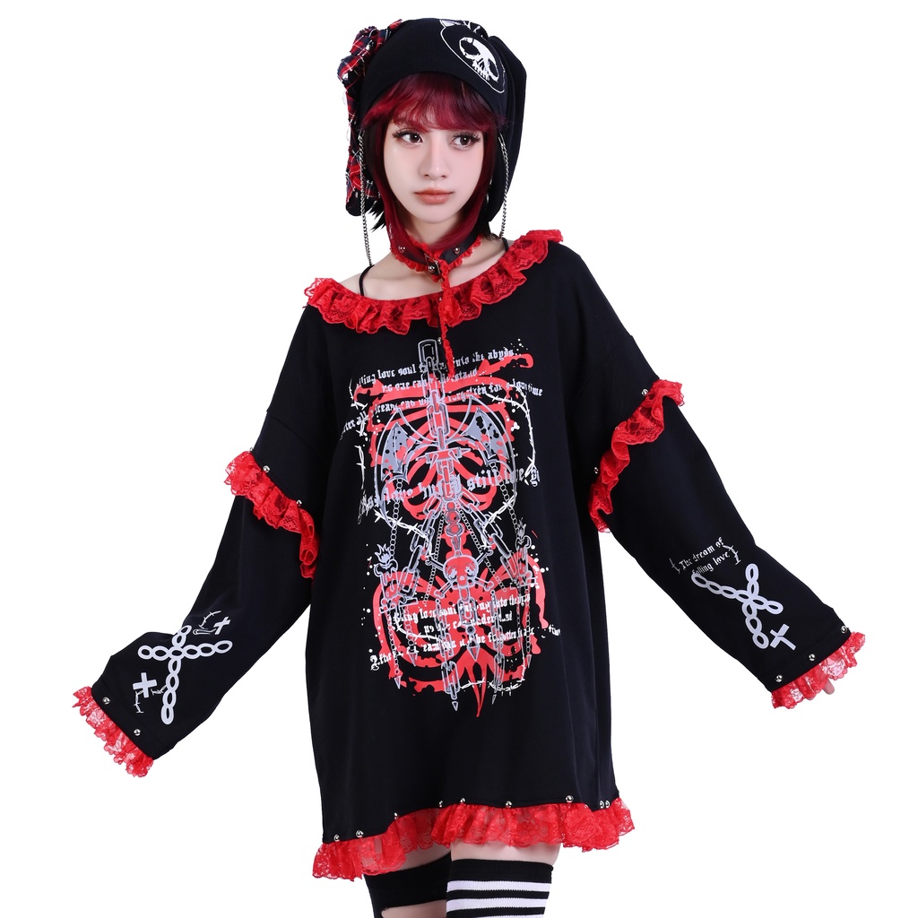 Jillpunk ゴシック クール系 ダーク風 堕天使 チョーカー付き フリルレースヘム 肋骨柄 長袖カットソー ワンピースTシャツ ゴシックロリータ フェミニン おしゃれ ファッション ...