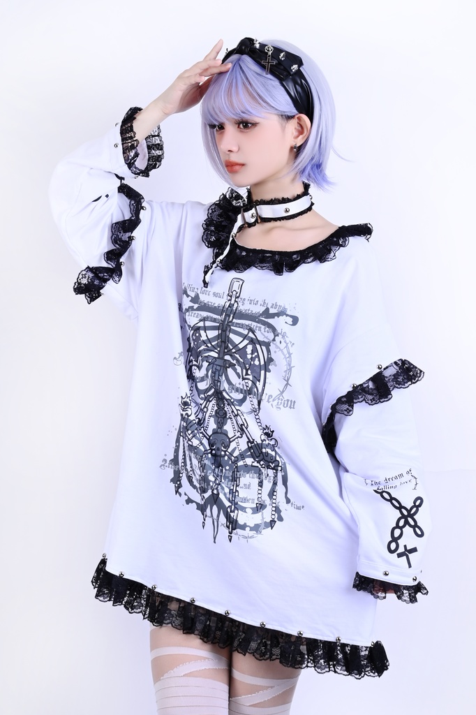 Jillpunk ゴシック クール系 ダーク風 堕天使 チョーカー付き フリルレースヘム 肋骨柄 長袖カットソー ワンピースTシャツ ゴシックロリータ フェミニン おしゃれ ファッション ...