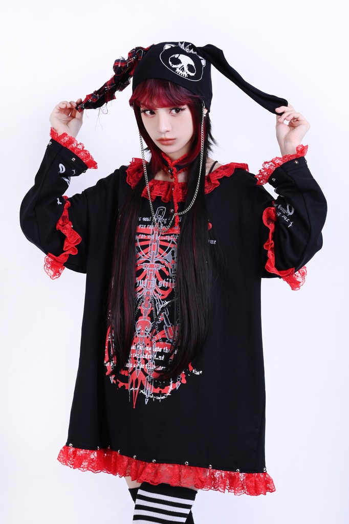 Jillpunk ゴシック クール系 ダーク風 堕天使 チョーカー付き フリルレースヘム 肋骨柄 長袖カットソー ワンピースTシャツ ゴシックロリータ フェミニン おしゃれ ファッション ...