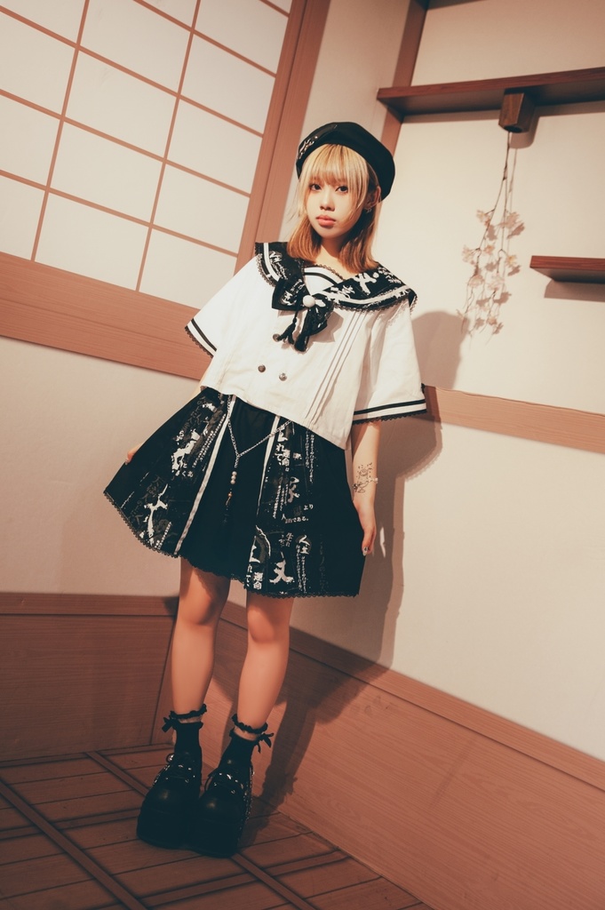 Jillpunk芥川龍之介 二次コン 文豪羅生門 人間不信 漢字柄 ダブルブレスト JKセーラー服 蝶ネクタイ付き チャイナボタン半袖 水兵制服ドレス タッセル鎖チェーン付き ワンピース ...