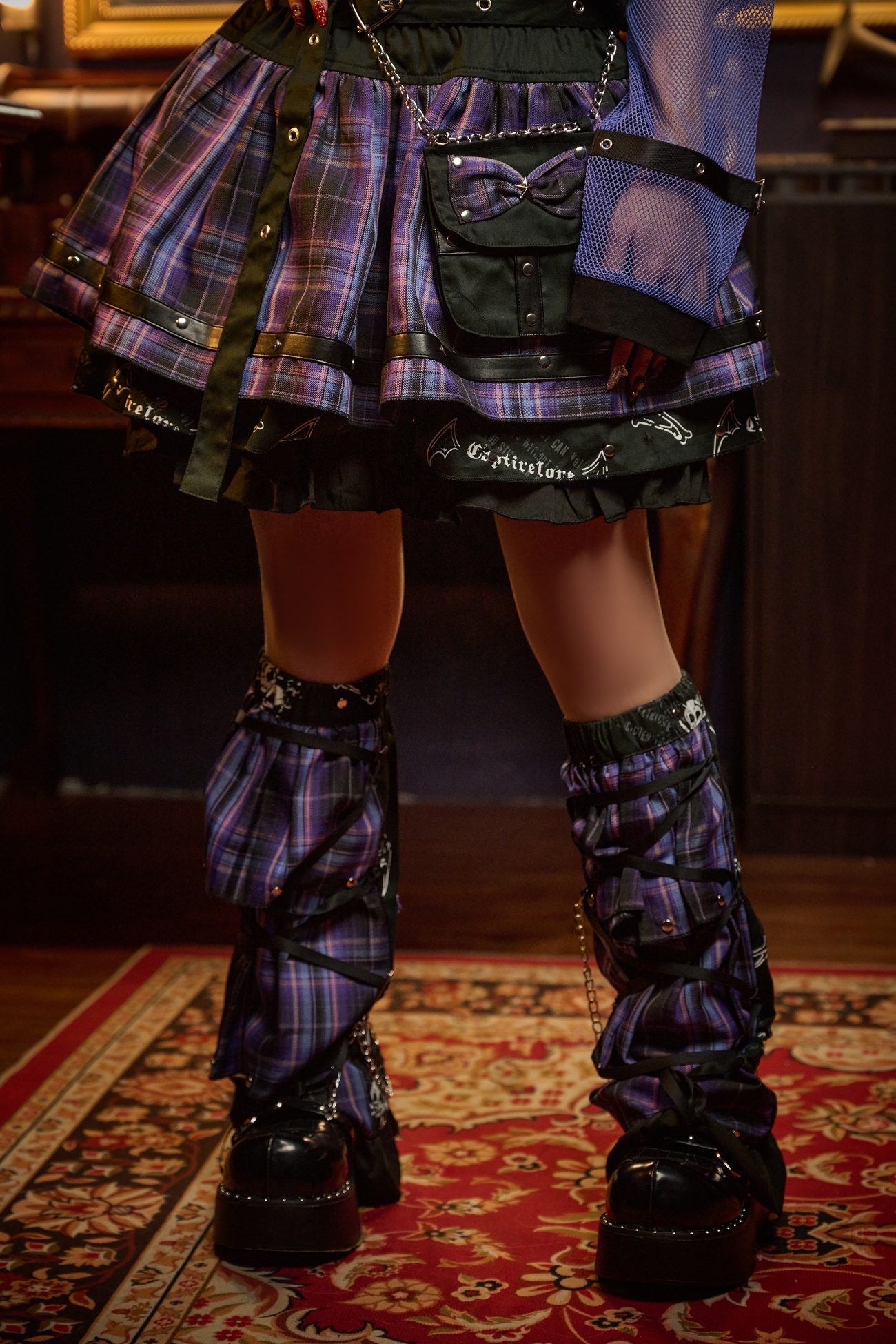 Jillpunk 恋の幻想日 NANA パンクロック バンギャ エモパンク タータンチェック柄 ウェストバッグ付き ティアード 2層ボリューム ショートスカート レッグウォーマーセット ...