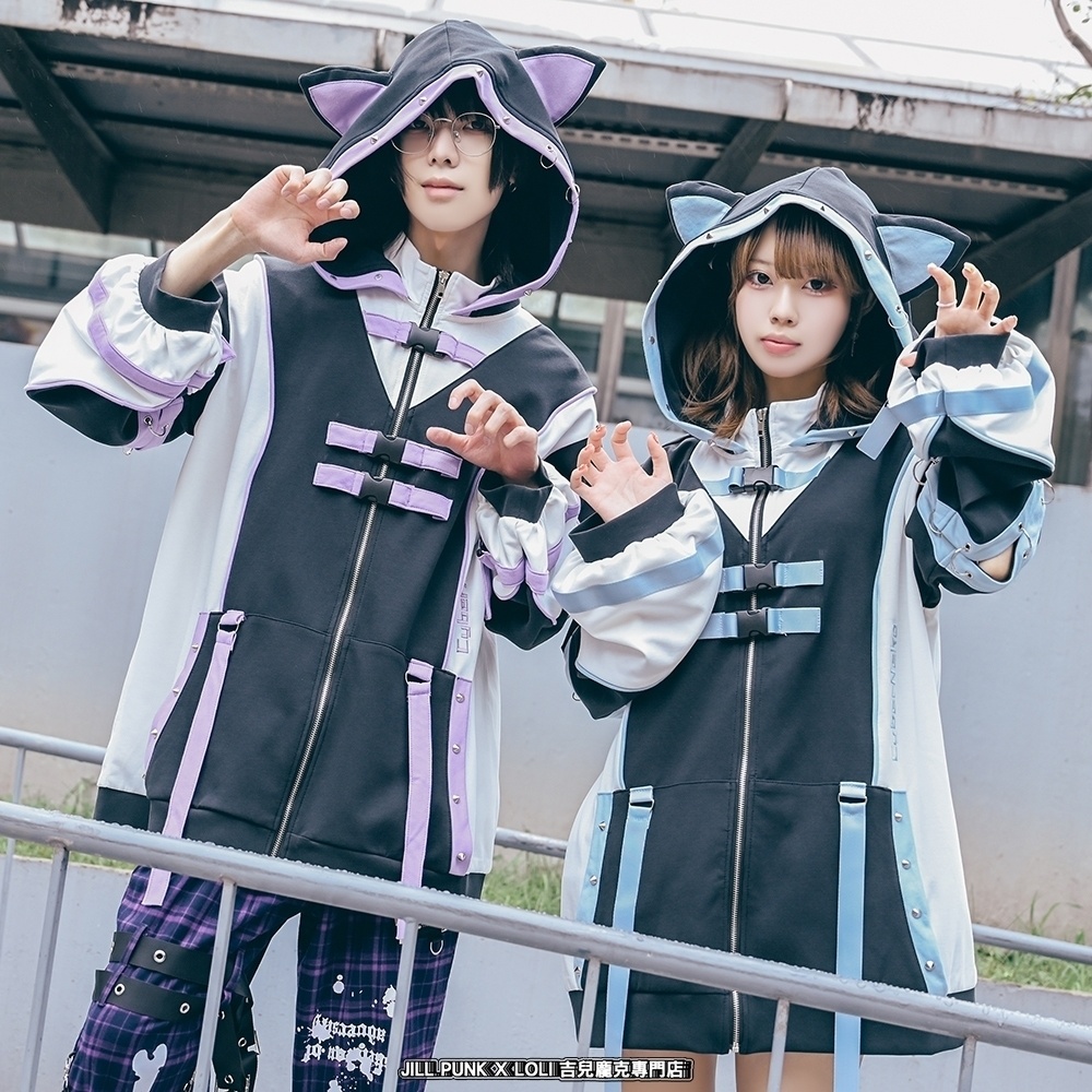 Jillpunk アニメ界隈 サバゲー テック 電脳サイバー サイバー猫 サブカル 水色 二次コン パステル色ベルト 取り外し可能な袖 ゆったり 猫耳長袖パーカー フード付きジャケット ...