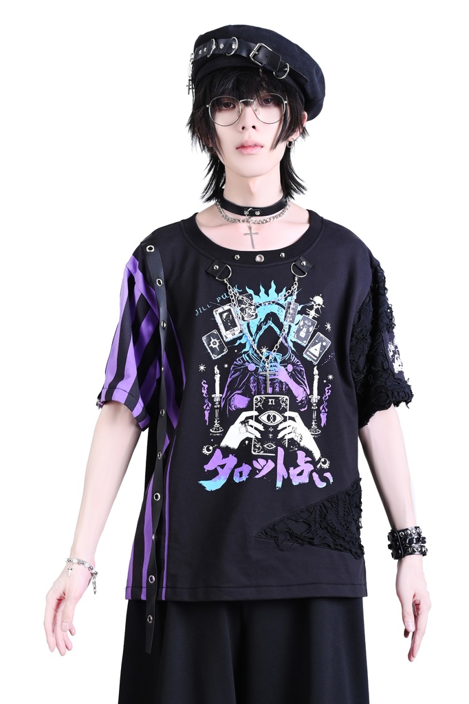 Jillpunk 王道パンク V系 ロック ヘヴィメタル バンギャ 禁忌啓示録 タロットプリント 十字架ネックレス 半袖カットソーTシャツ メンズ レディーズ おしゃれ男女兼用カッコいい ...