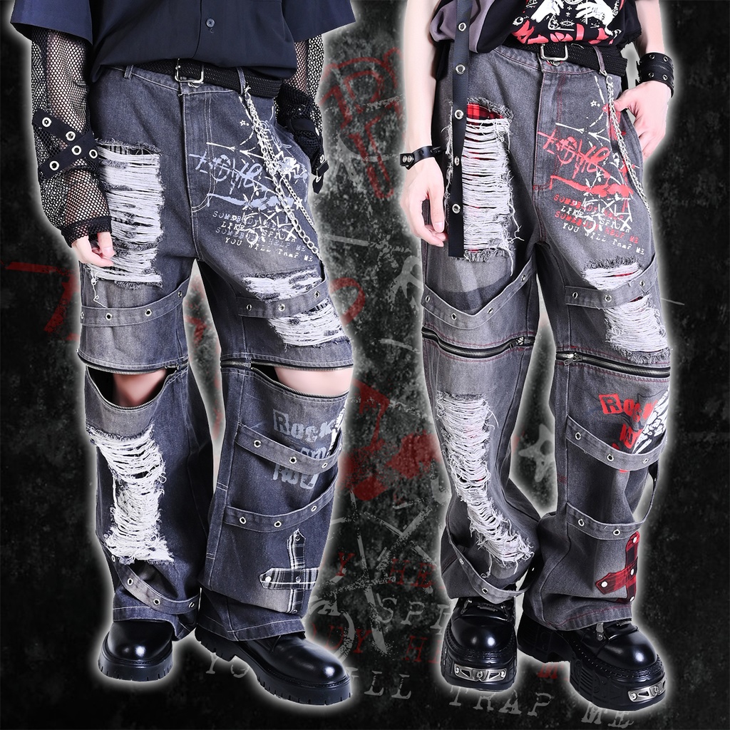 Jillpunk 王道パンク 煉獄代行者 古着 ロック ヘヴィメタル バンギャ マルチウェイ 2WAY デニムジーンズ パンツ ウォッシュ ダメージ加工 ゆったりシルエット メンズ レディーズ ...