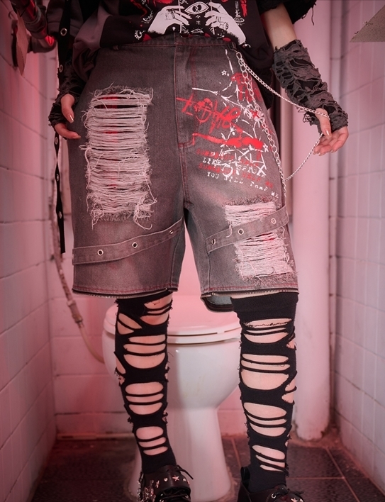 Jillpunk 王道パンク 煉獄代行者 古着 ロック ヘヴィメタル バンギャ マルチウェイ 2WAY デニムジーンズ パンツ ウォッシュ ダメージ加工 ゆったりシルエット メンズ レディーズ ...