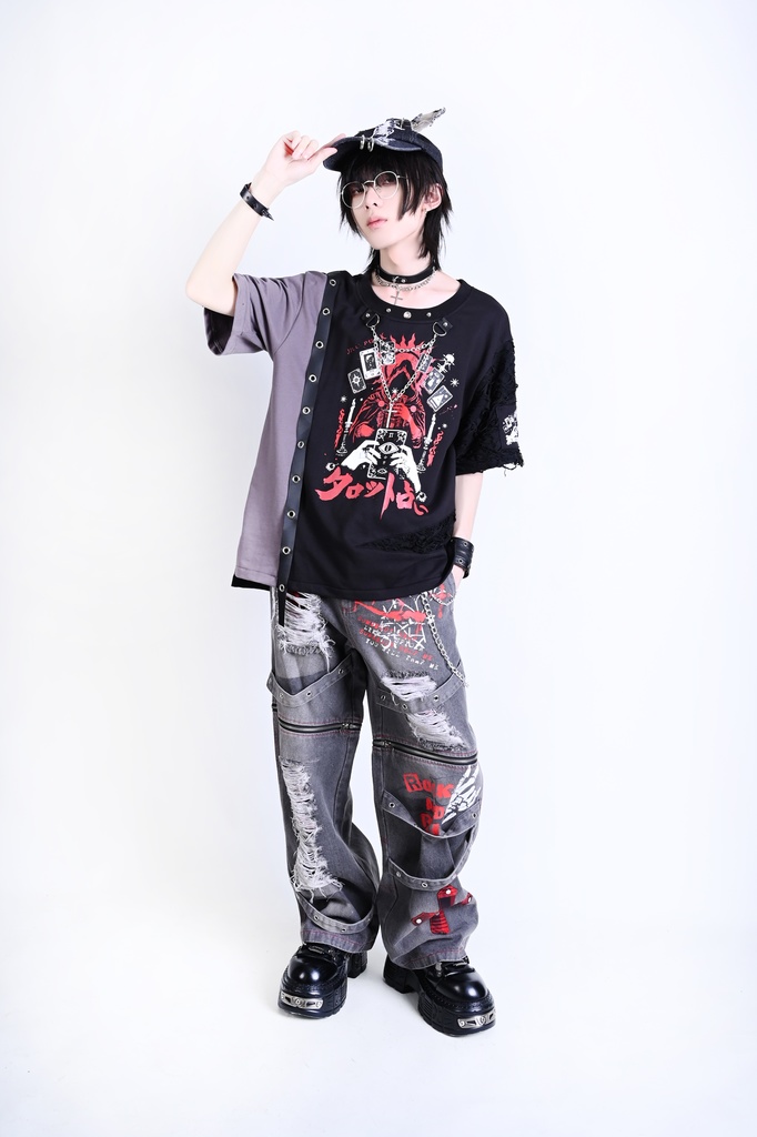 Jillpunk 王道パンク 煉獄代行者 古着 ロック ヘヴィメタル バンギャ マルチウェイ 2WAY デニムジーンズ パンツ ウォッシュ ダメージ加工 ゆったりシルエット メンズ レディーズ ...