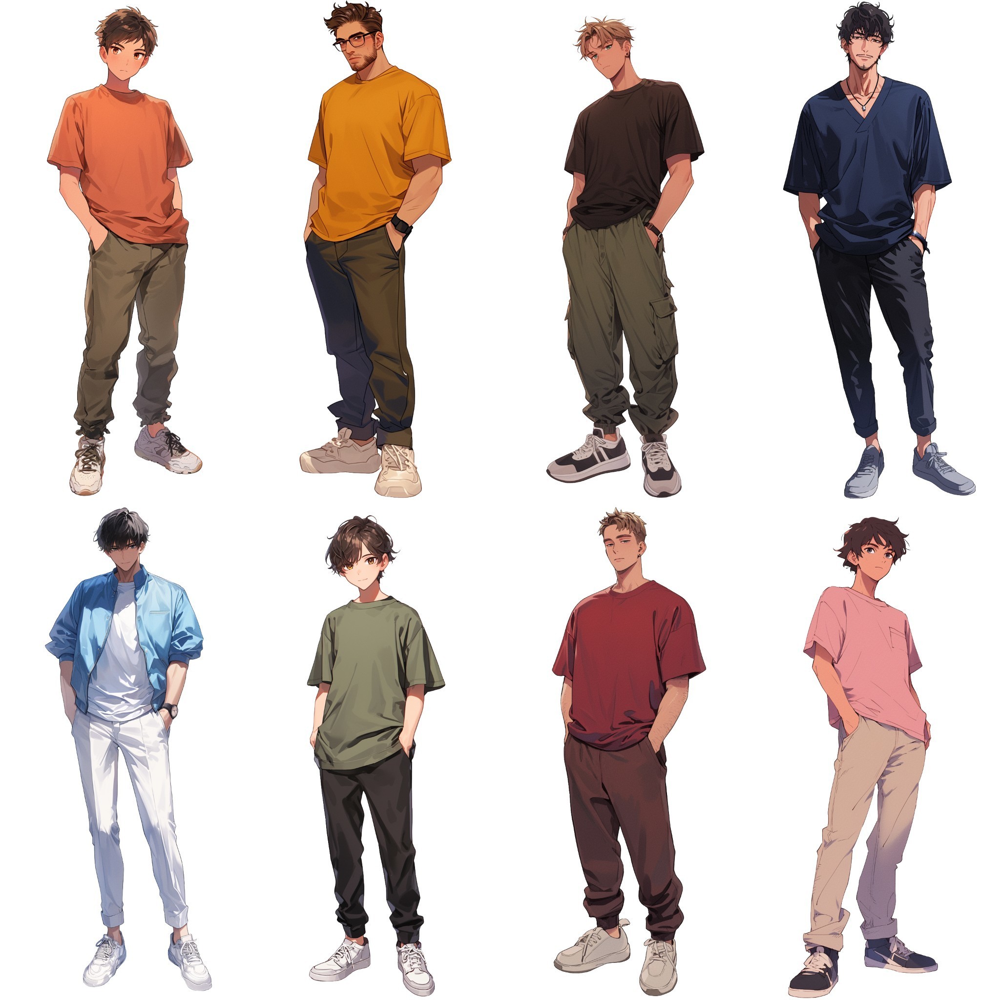 【透過素材】立ち絵・夏服/男性50枚(半袖Tシャツ、ジーンズ、シャツ、メンズファッション） - A.I. Art Stock - BOOTH