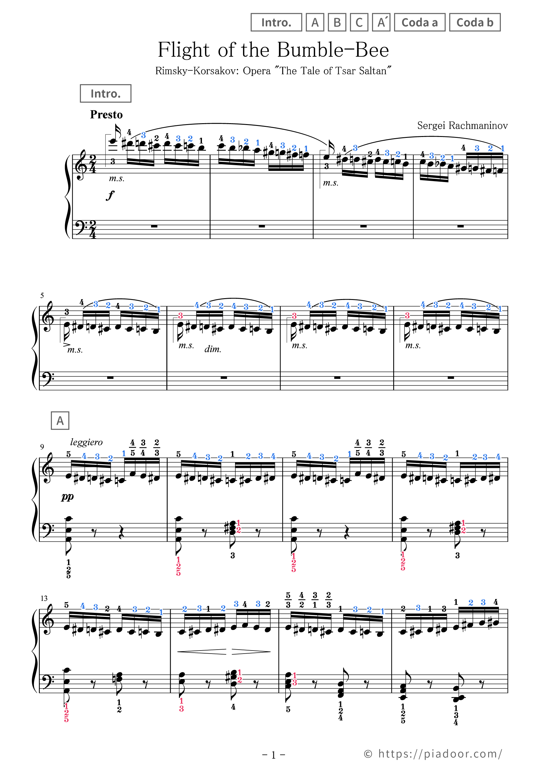 Flight of the Bumble-Bee Sheet Music For Piano (With Letters / With ...