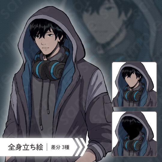 【ミステリー系立ち絵素材】フードを被った怪しげな10〜20代男性（黒髪）のイラスト・ヘッドフォン着用・差分3種 - 素材POMPACK - BOOTH