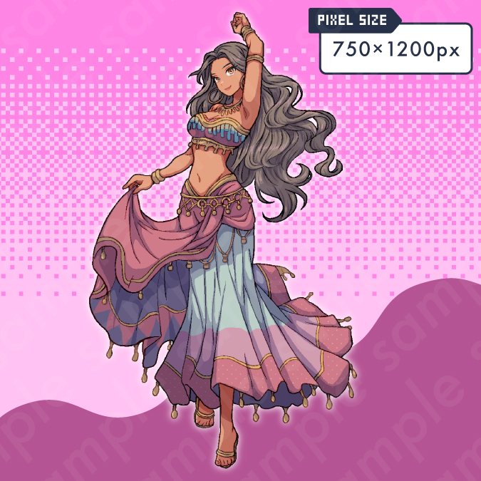 【ドット絵立ち絵素材】褐色肌の踊り子風女性キャラクターイラスト・ファンタジー・茶髪ロングヘア・全身表情10種＋α - 素材POMPACK - BOOTH