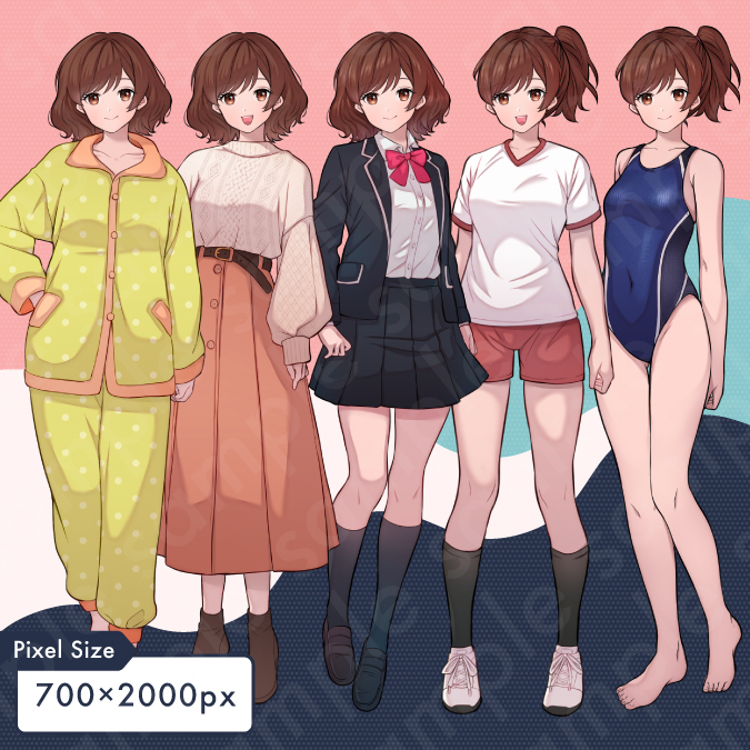 【着せ替え立ち絵素材】ヒロイン風茶髪ボブヘアの女子高校生・現代・女性・全身・服装5種類×差分12種類 - 素材POMPACK - BOOTH