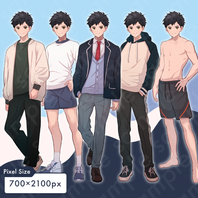 【着せ替え立ち絵素材】主人公風黒髪の男子高校生・現代の制服、体操服、水着など服装5種類×差分12種類 - 素材POMPACK - BOOTH