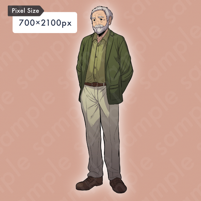 【ペン画立ち絵素材】優しそうな雰囲気のおじいちゃんのイラスト・現代・男性・差分6種 素材pompack Booth
