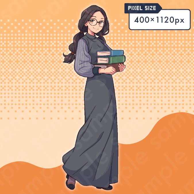 【ドット絵立ち絵素材】本を持った黒髪二つ結びの眼鏡女性キャラクターイラスト・司書・店員・全身表情10種＋α - 素材POMPACK - BOOTH