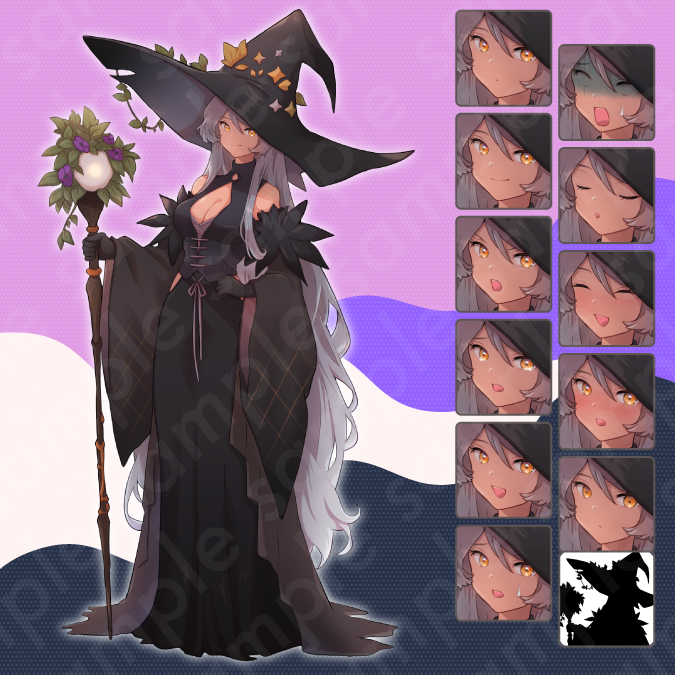 【立ち絵素材】謎めいた雰囲気の魔女風・銀髪女性のイラスト・ファンタジー系・全身表情11種＋α【PSD付きセット有】 - 素材POMPACK - BOOTH