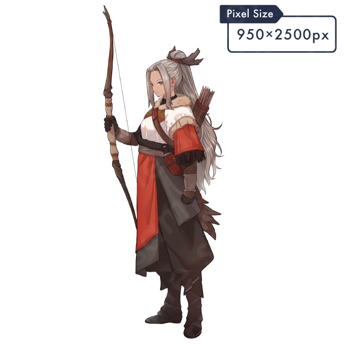 【立ち絵素材】自然を愛する弓使い風の銀髪ポニーテール女性のイラスト・ファンタジー系・冒険者・全身表情11種＋α - 素材POMPACK - BOOTH