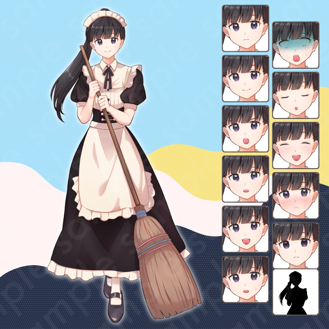 【立ち絵素材】大人しく真面目な雰囲気のメイド服を着た黒髪ポニーテール女性のイラスト・ファンタジー系・全身表情11種＋α - 素材POMPACK - BOOTH