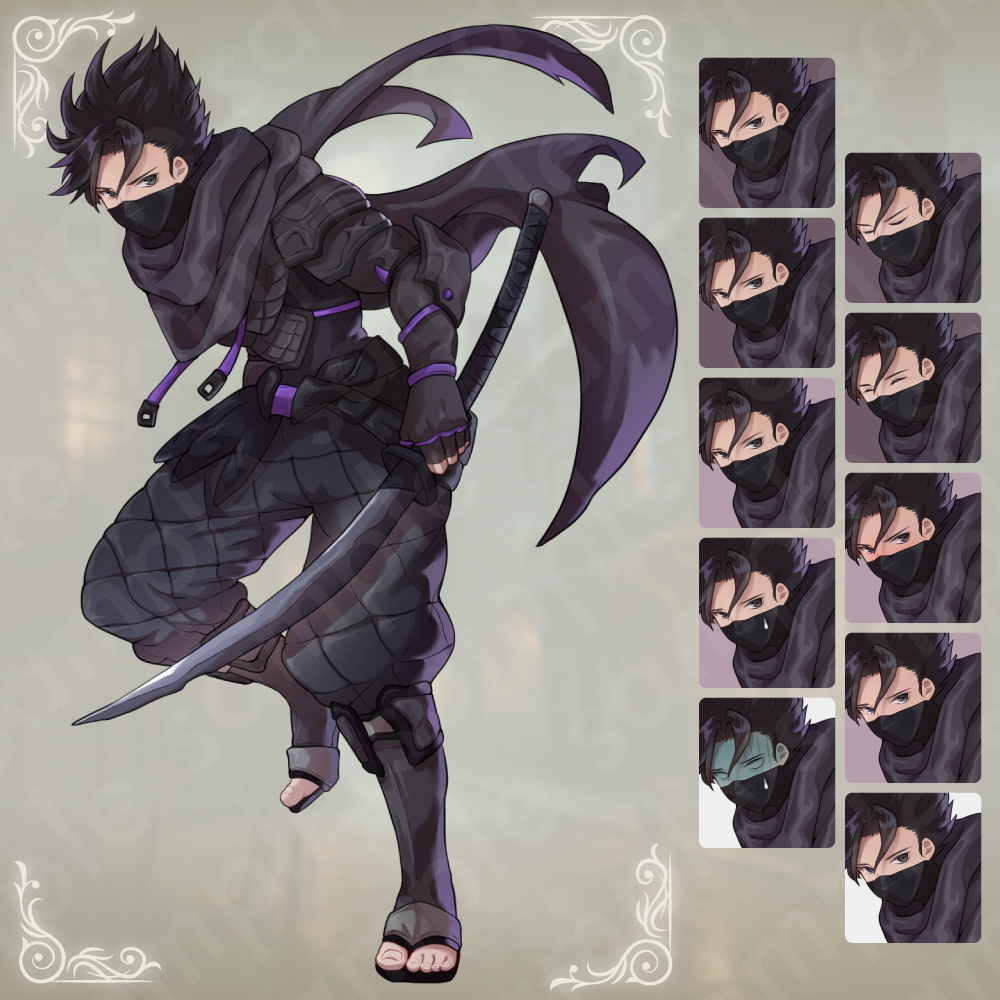 【立ち絵素材】黒装束のクールなアサシン・マスクバージョンあり・ファンタジー全身＋表情12種＋α - 素材POMPACK - BOOTH