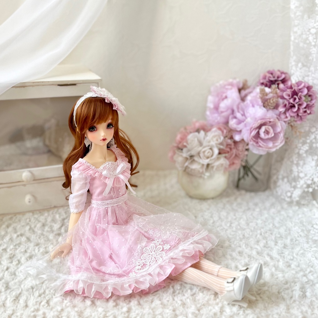 [フラワーモチーフ エレガントワンピース]ピンク(SDgr・SDサイズ） - アトリエ リュミエール -Atelier Lumiere- - BOOTH