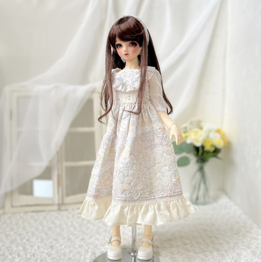 [フラワーモチーフ エレガントワンピース]バラとフクシアのフラワーワンピース イエロー(SDgr・SDサイズ） - アトリエ リュミエール -Atelier Lumiere- - BOOTH