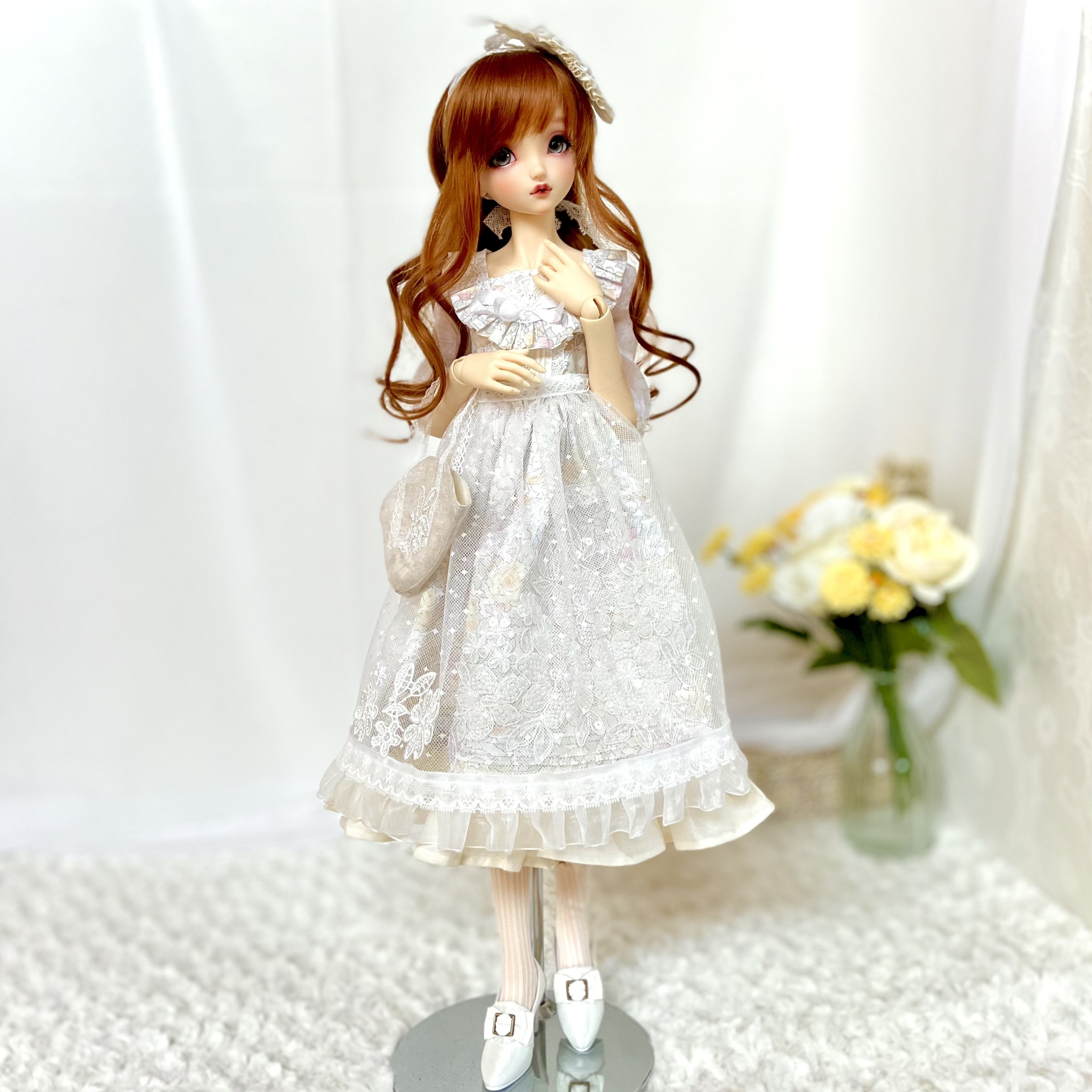 [フラワーモチーフ エレガントワンピース]バラとフクシアのフラワーワンピース イエロー(SDgr・SDサイズ） - アトリエ リュミエール -Atelier Lumiere- - BOOTH