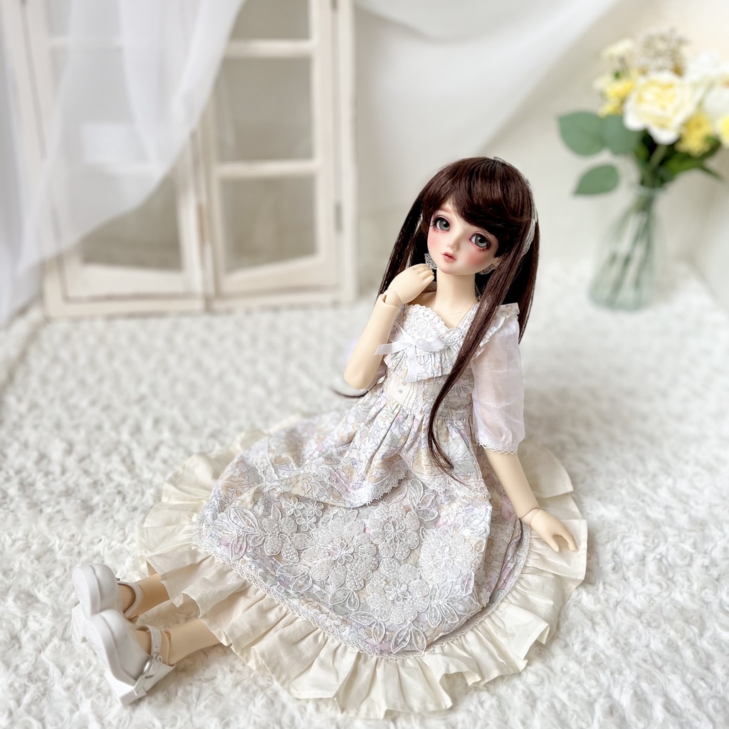 [フラワーモチーフ エレガントワンピース]バラとフクシアのフラワーワンピース イエロー(SDgr・SDサイズ） - アトリエ リュミエール -Atelier Lumiere- - BOOTH