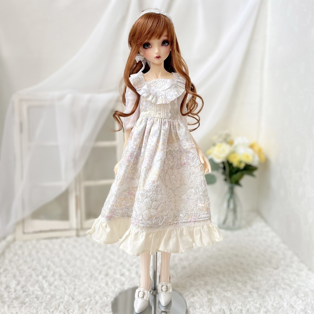 [フラワーモチーフ エレガントワンピース]バラとフクシアのフラワーワンピース イエロー(SDgr・SDサイズ） - アトリエ リュミエール -Atelier Lumiere- - BOOTH